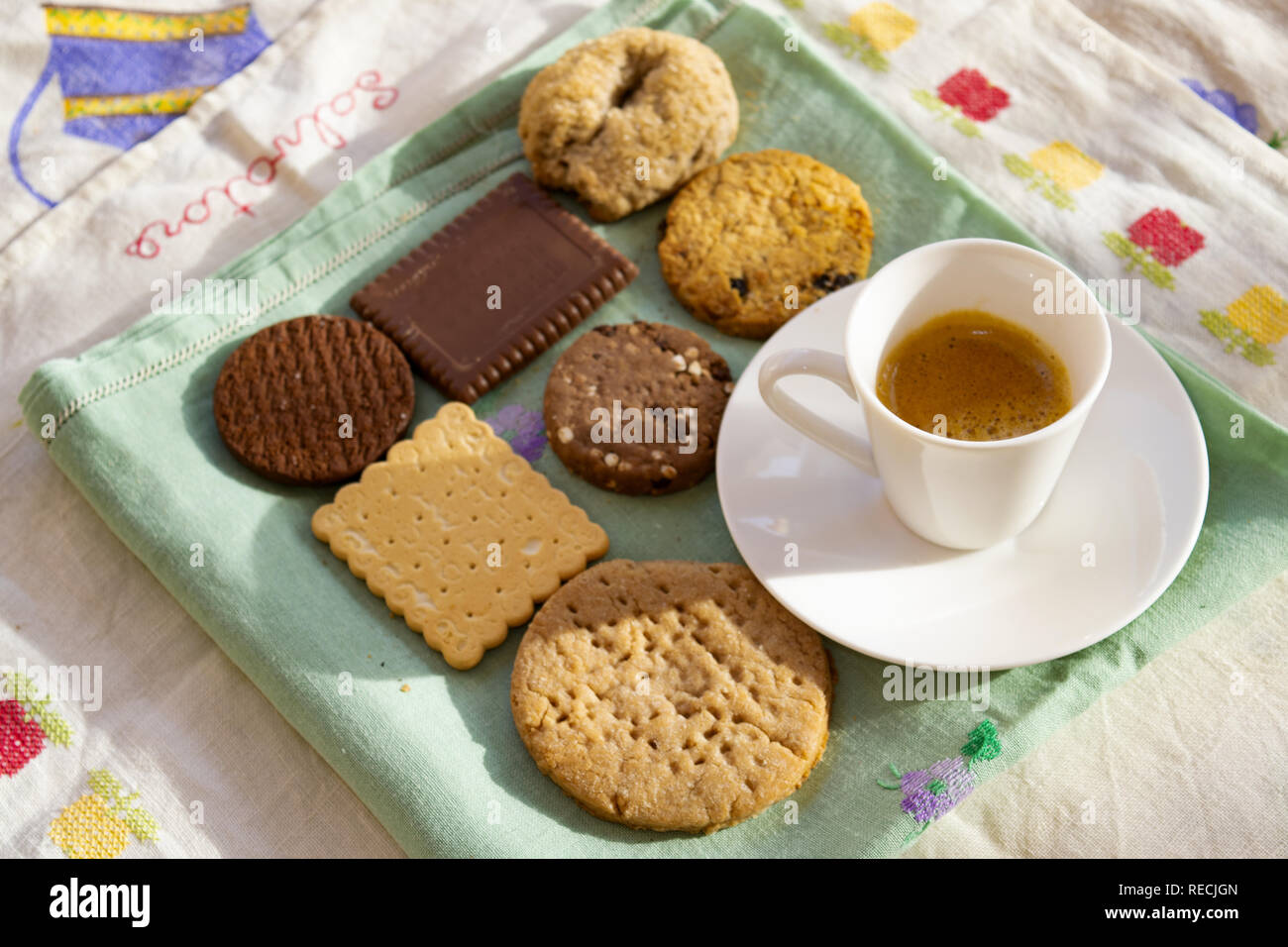 espresso coffee and variety of cookies at breakfast in Italy Stock ...