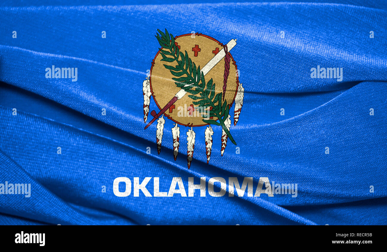 Realistic flag State of Oklahoma on the wavy surface of fabric. Perfect ...