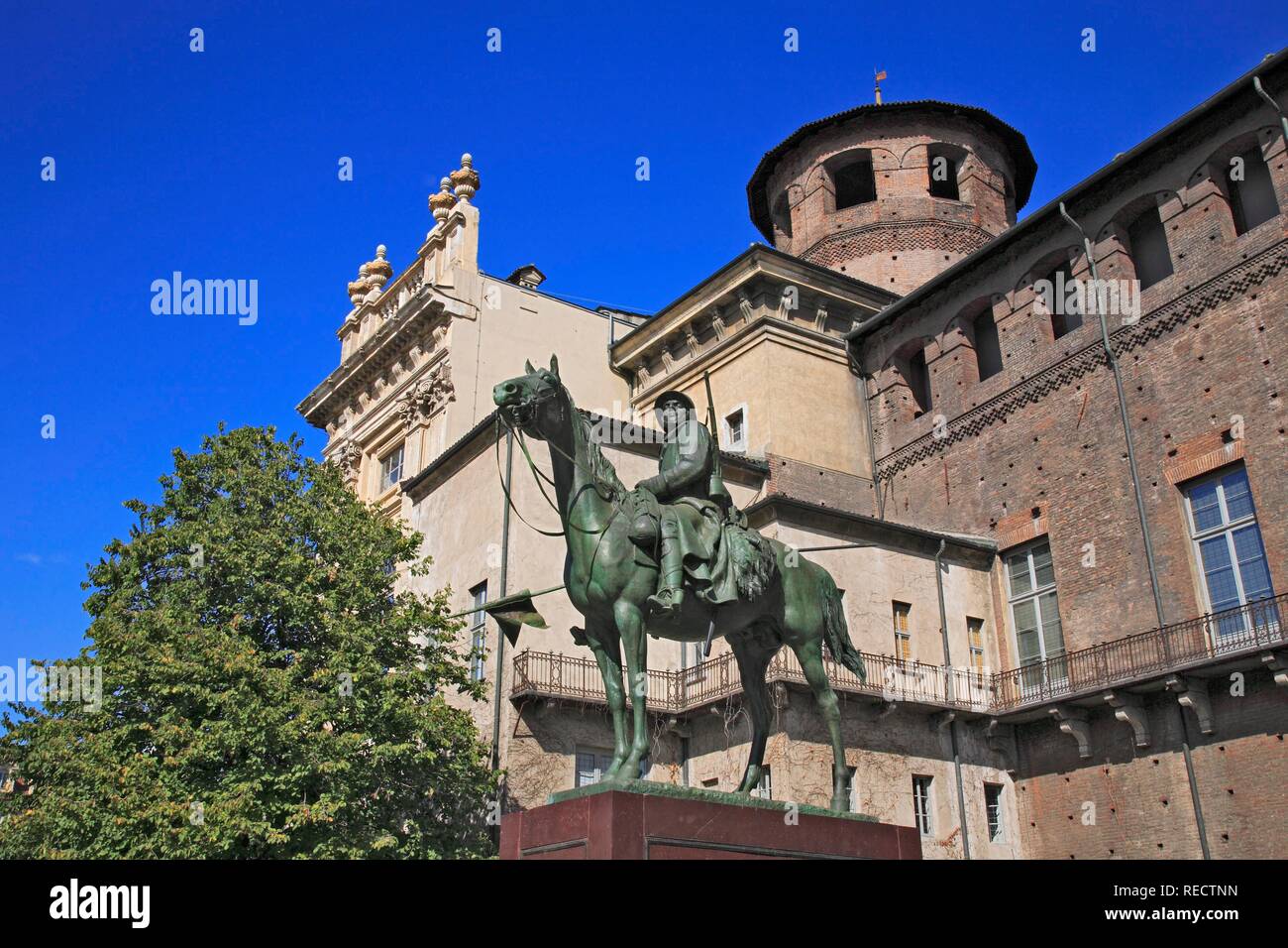 Equestrian statue on the southern side of the Palazzo Madama, tower of ...