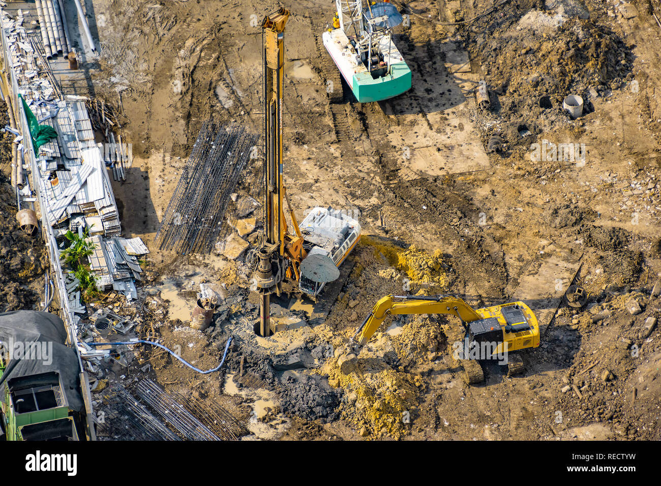 Aerial view of concrete bored pile foundation work on a construction ...