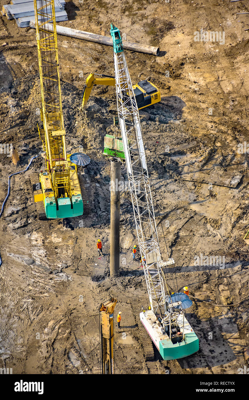 Aerial view of concrete bored pile foundation work on a construction ...