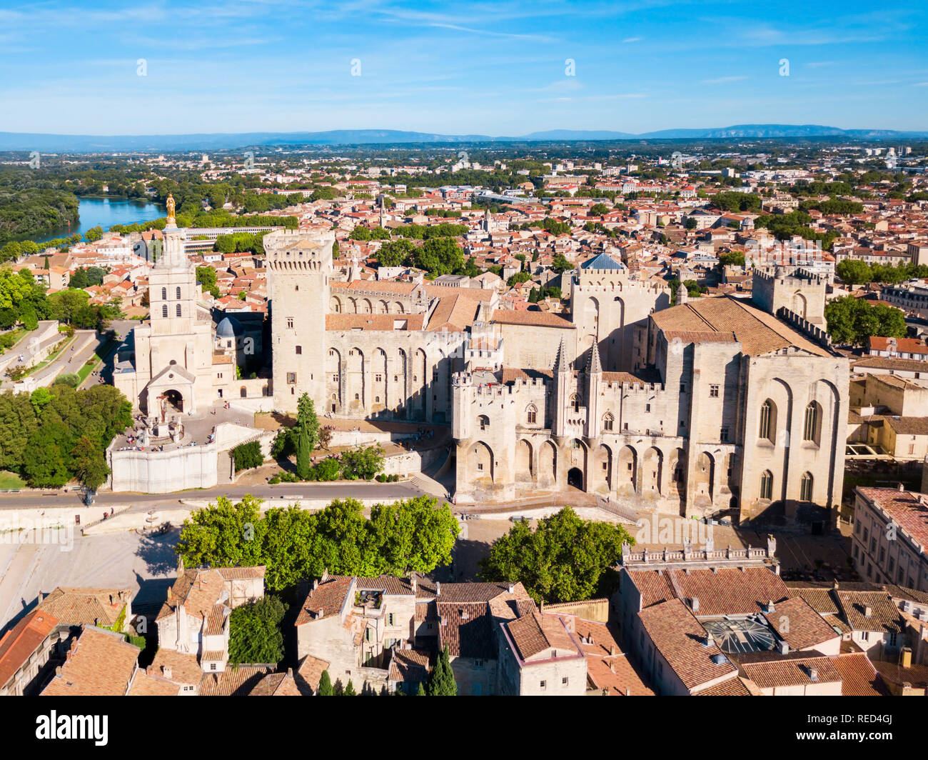 Palace of the Popes or Palais des Papes and Avignon Cathedral aerial ...