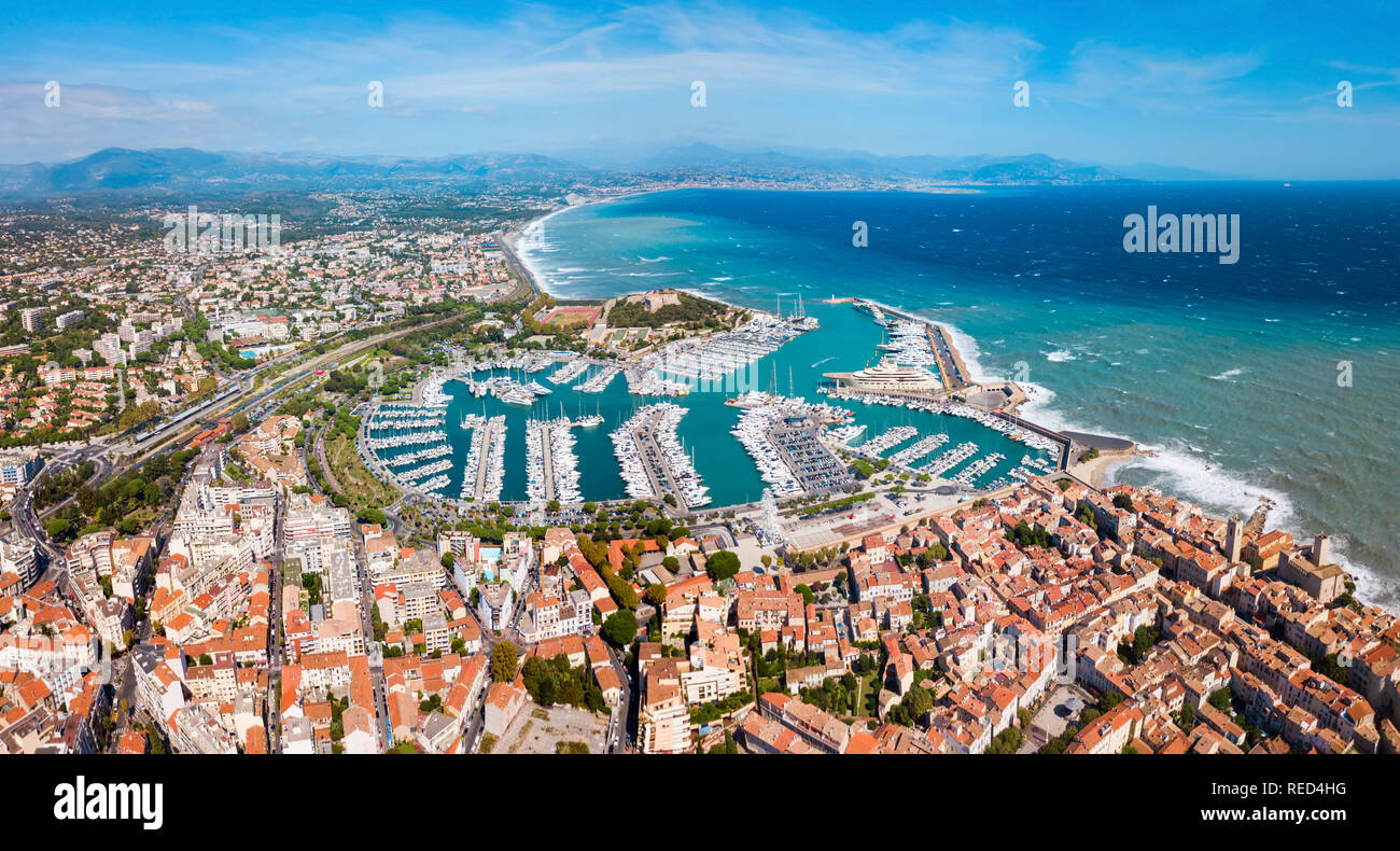 Antibes port aerial panoramic view. Antibes is a city located on the ...