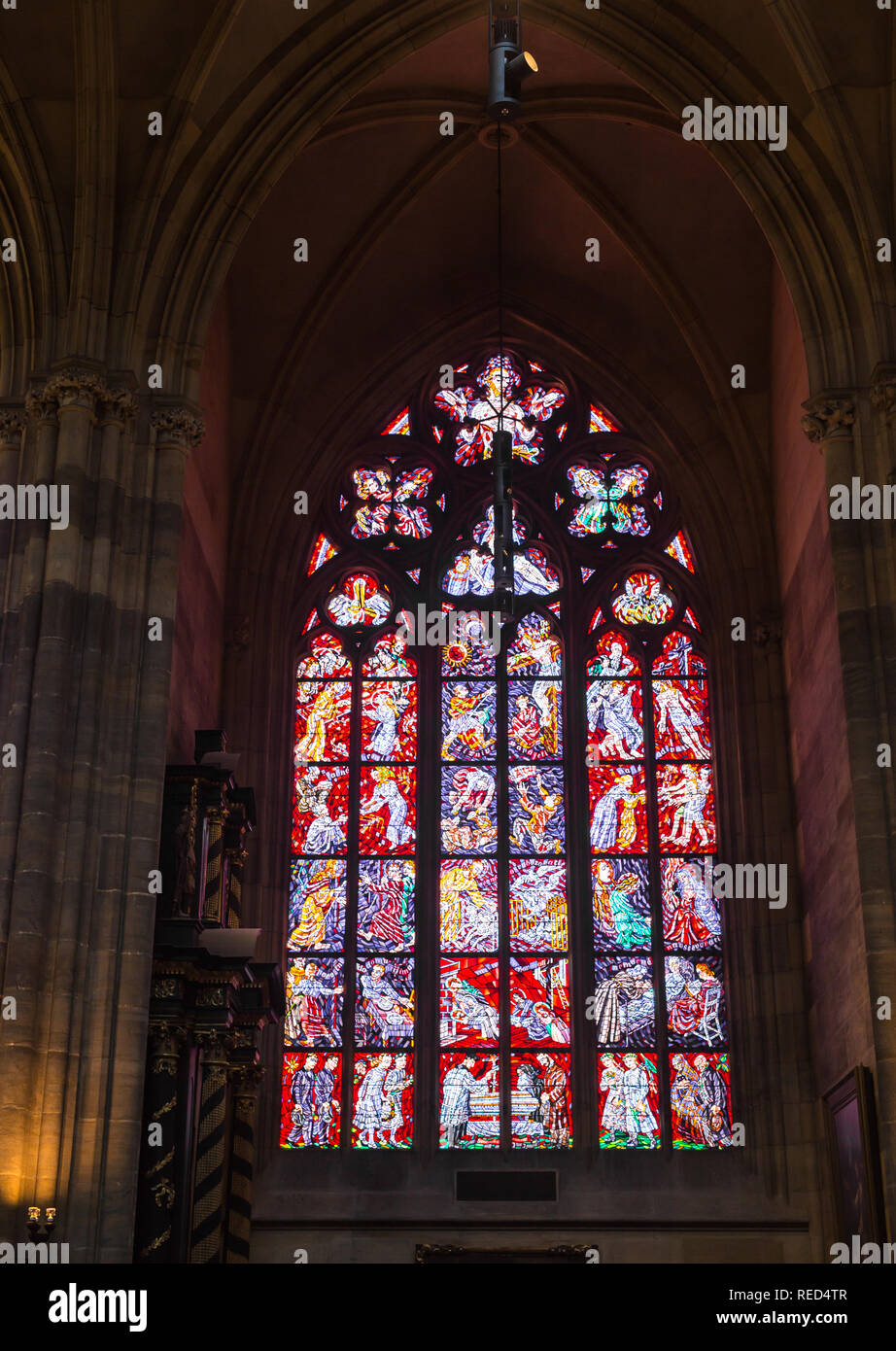 PRAGUE, CZECH REPUBLIC - JUNE 14, 2017: Stained Glass window in the ...