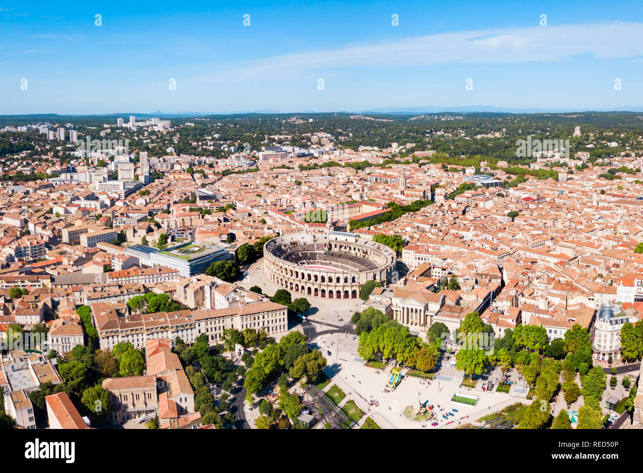 Nimes Arena aerial panoramic view. Nimes is a city in the Occitanie ...