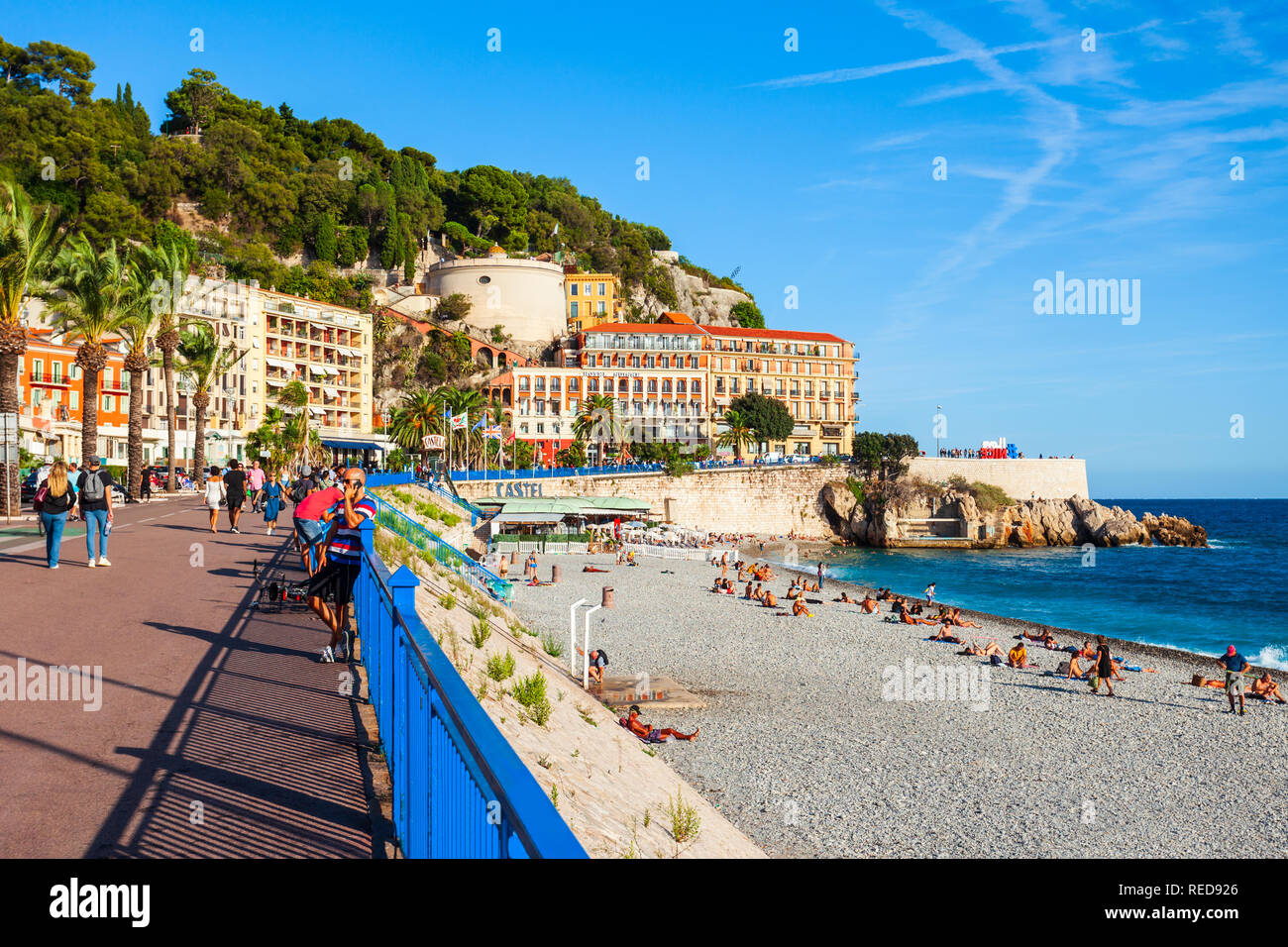 NICE, FRANCE - SEPTEMBER 25, 2018: Plage Blue Beach is a main beach in ...