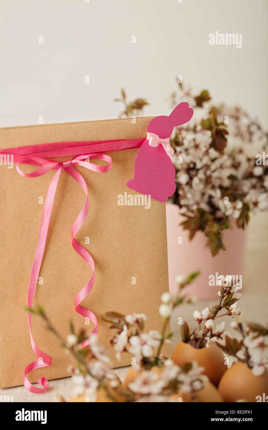 Happy easter. Easter decoration - flowering branches in the shell from ...