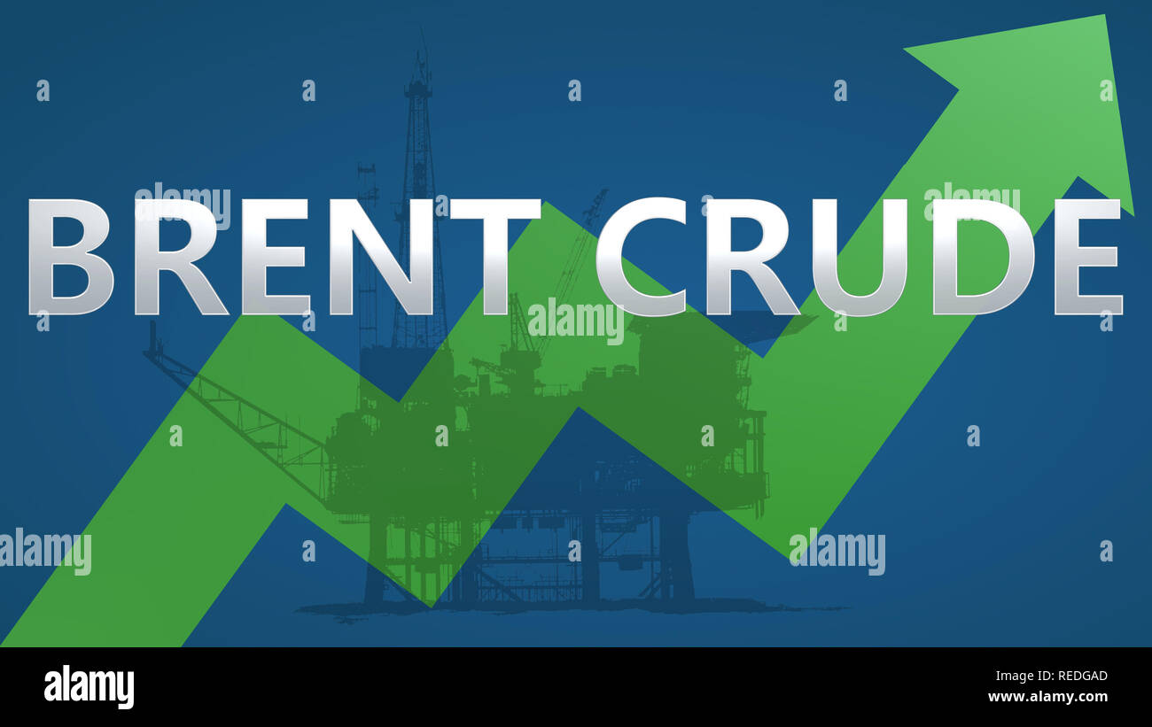 The price of Brent Crude oil is going up. A green zig-zag arrow with an ...