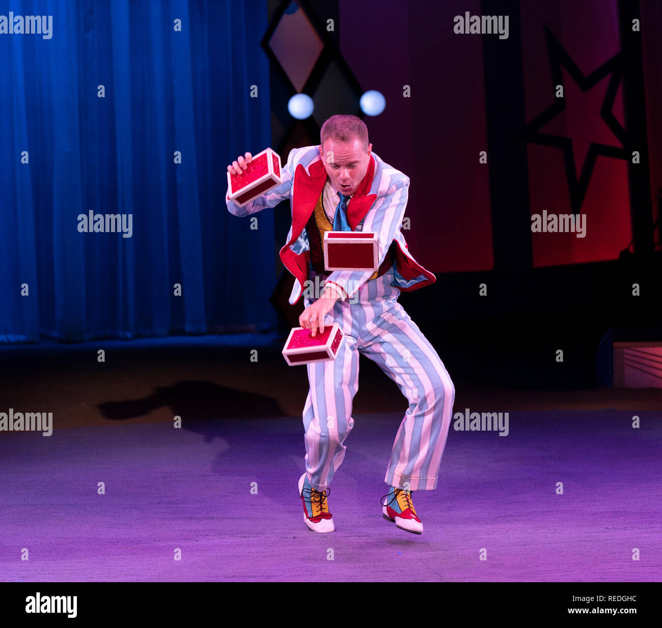 New York, United States. 20th Jan, 2019. Clown Adam Kuchler performs at ...