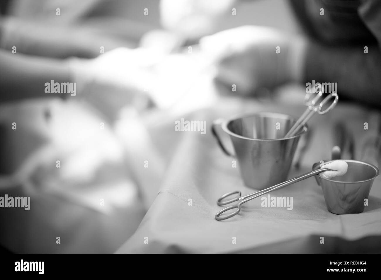 Surgical clips with tampons on the table with a tool in the operating ...