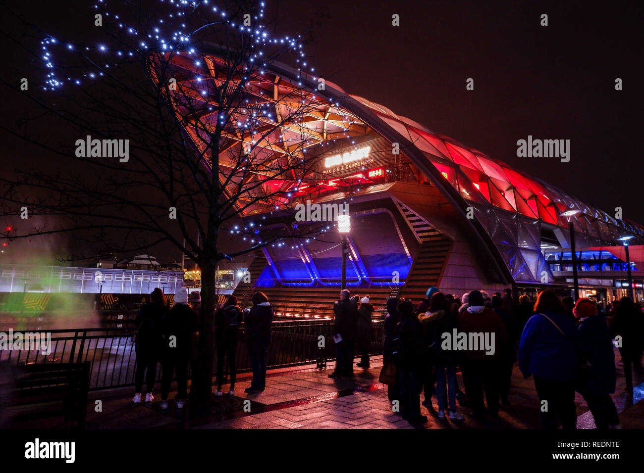 Winter Lights Festival 2019. Interactive art installations at Canary Wharf. Visitors at North ...