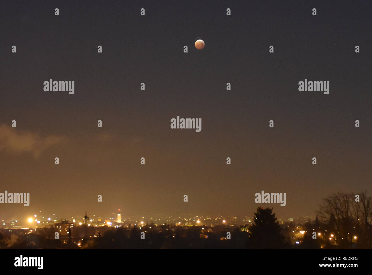 Total lunar eclipse is seen on January 21, 2019, in Budweis, Czech ...