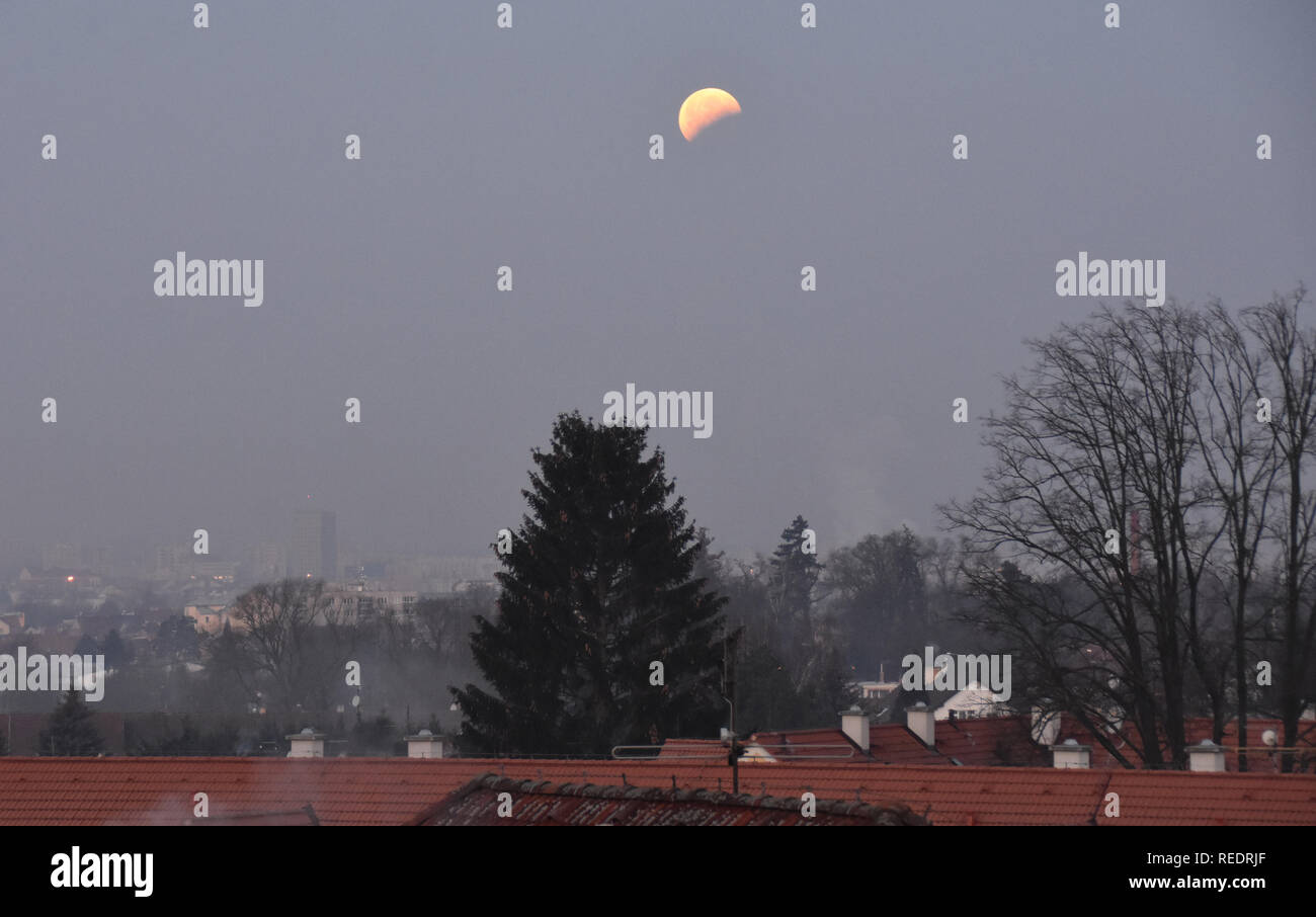 Total lunar eclipse is seen on January 21, 2019, in Budweis, Czech ...