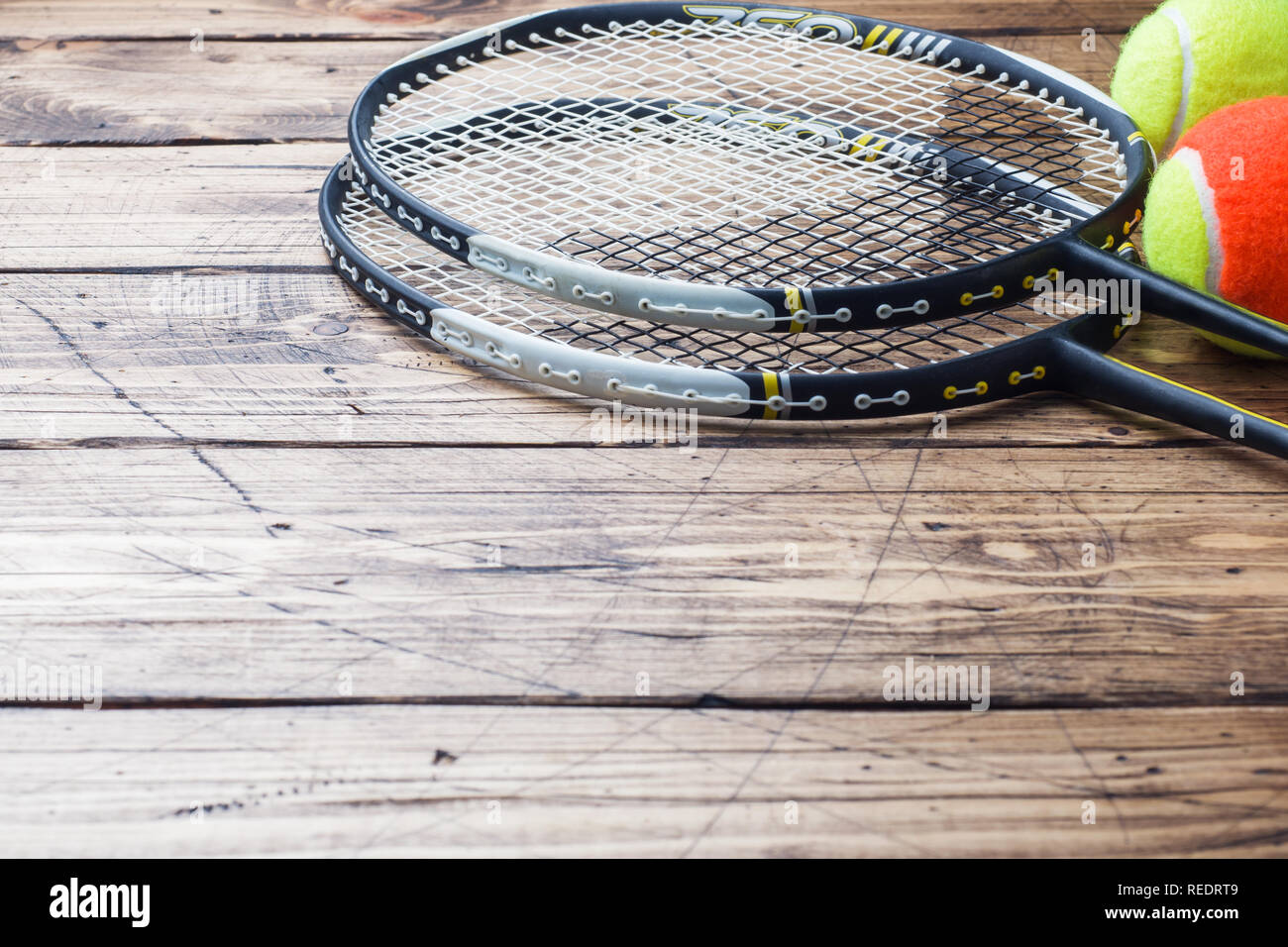 Tennis Ball and rackets on Wood Background, Sport Concept and Idea ...