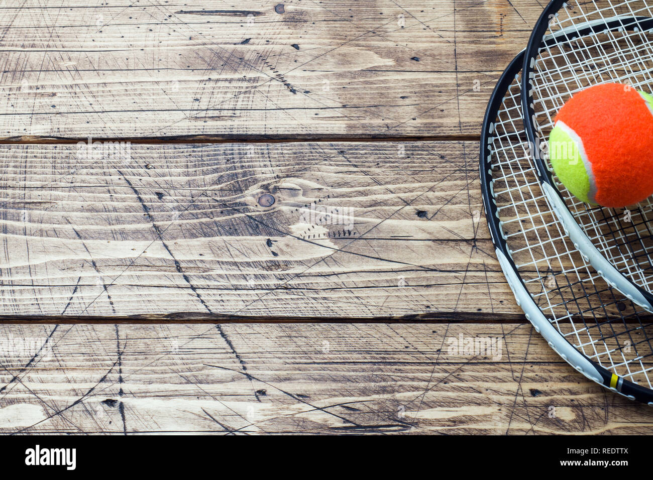 Tennis Ball and rackets on Wood Background, Sport Concept and Idea ...