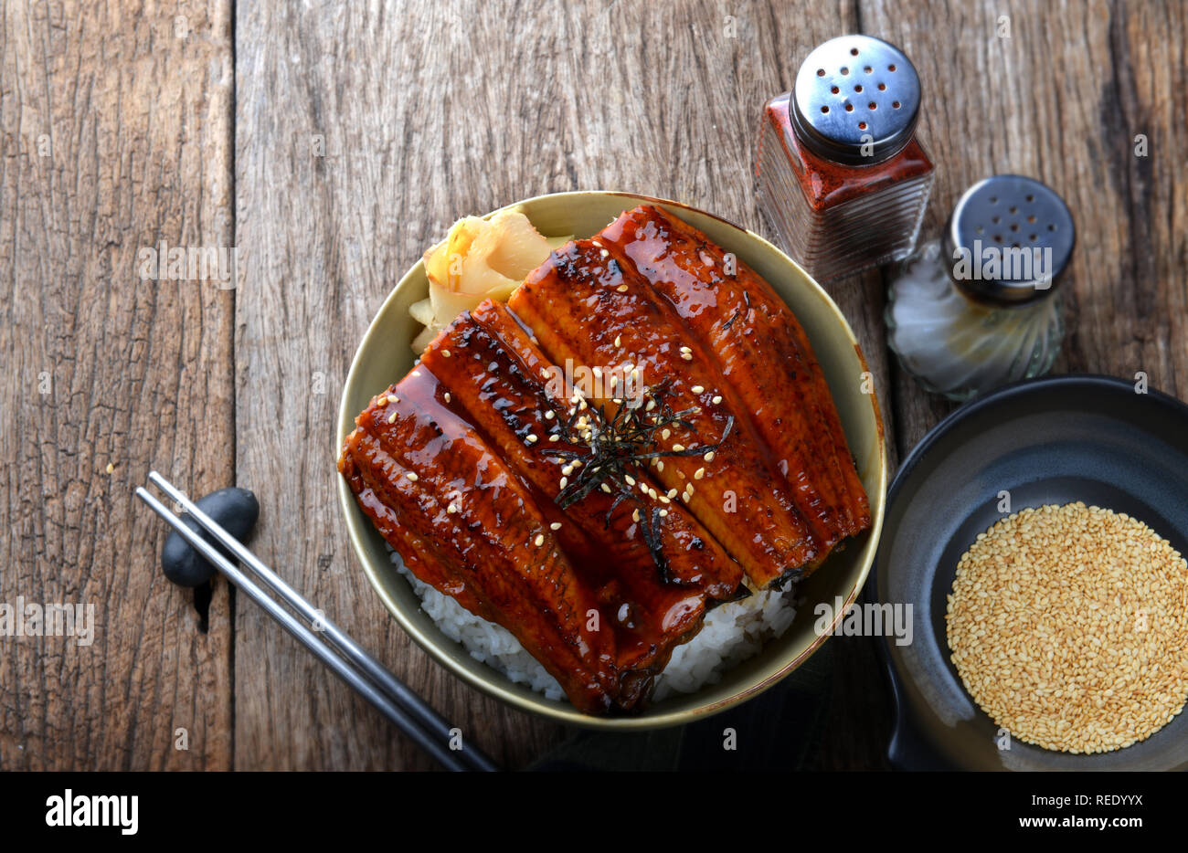 Japanese grilled eel with sweet sauce on rice cup or unagi kabayaki in ...
