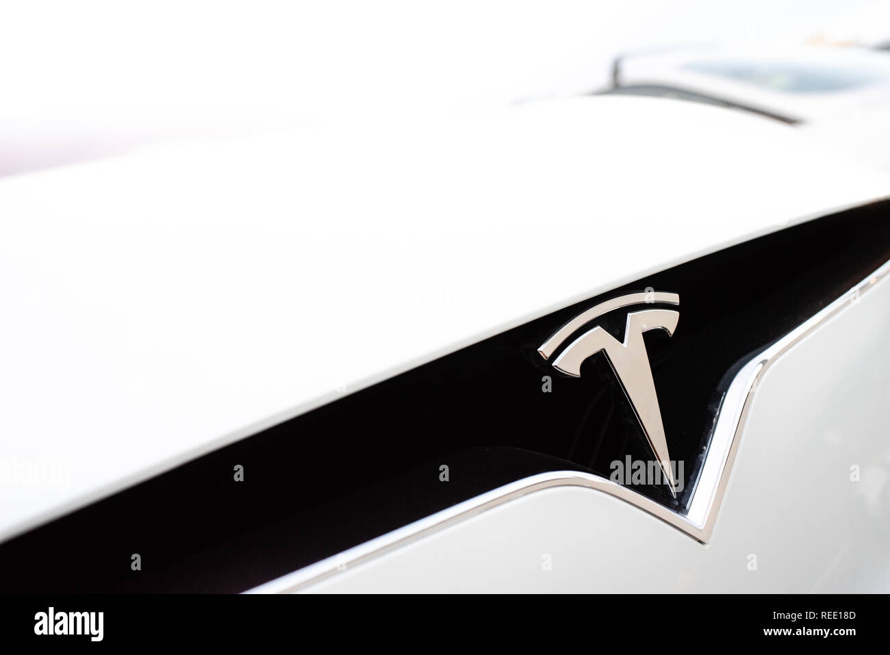 Valencia, Spain - January 19, 2019: Tesla electric car nose with blank ...