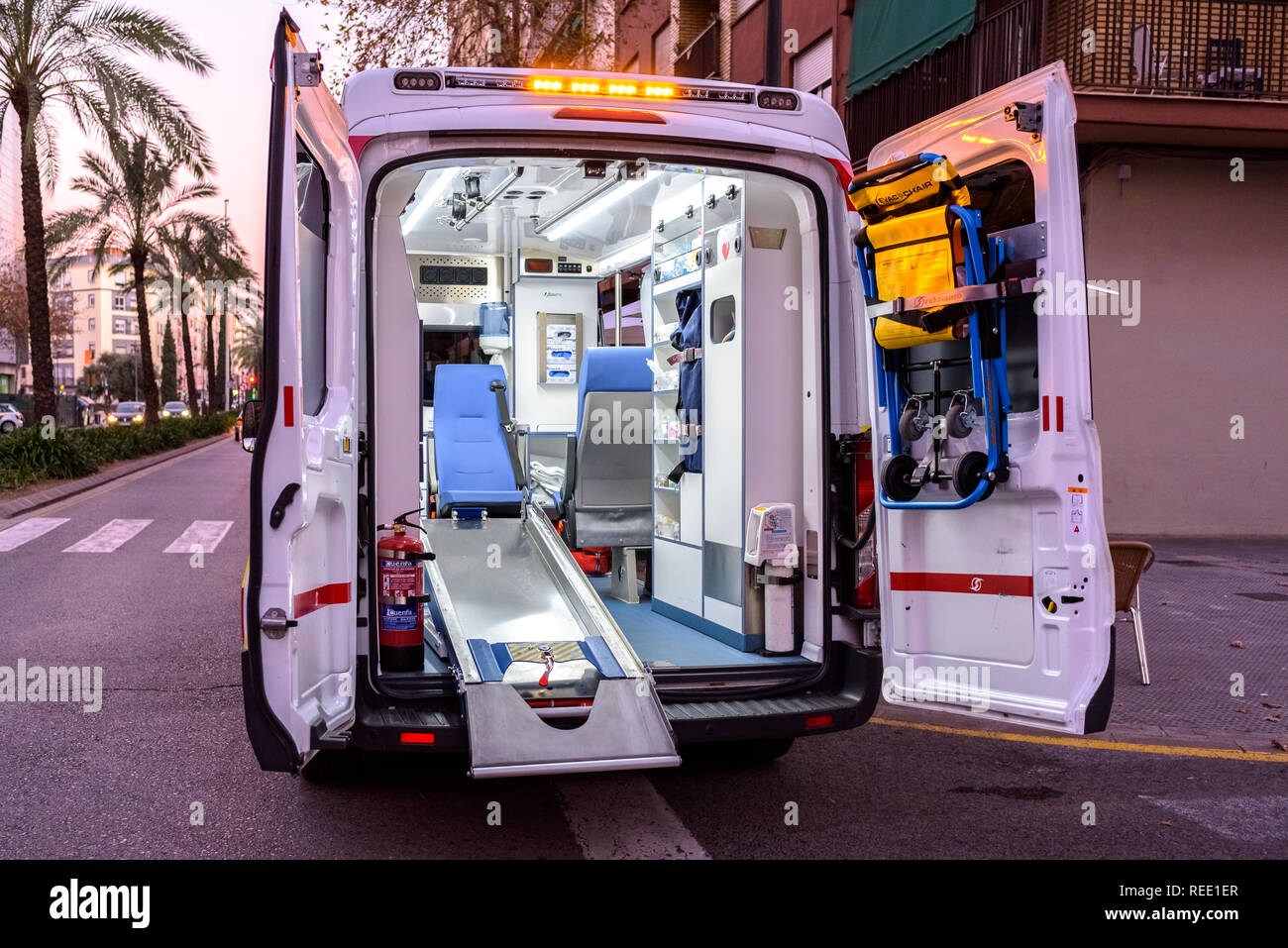 Valencia, Spain - January 14, 2019: Interior of an ambulance with all ...
