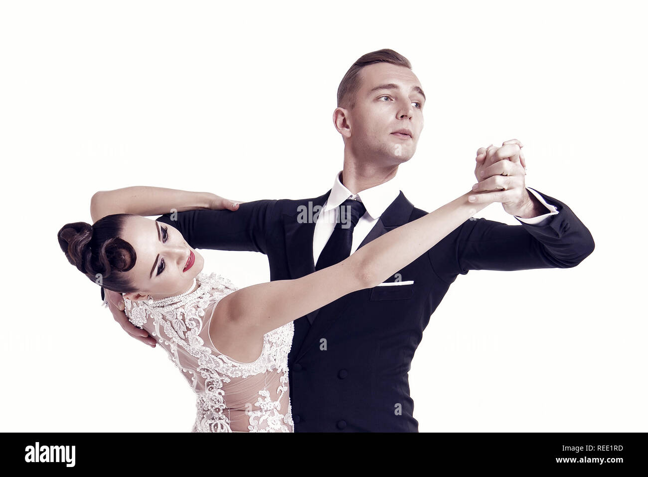 beautiful ballroom dance couple in a dance pose isolated on white ...