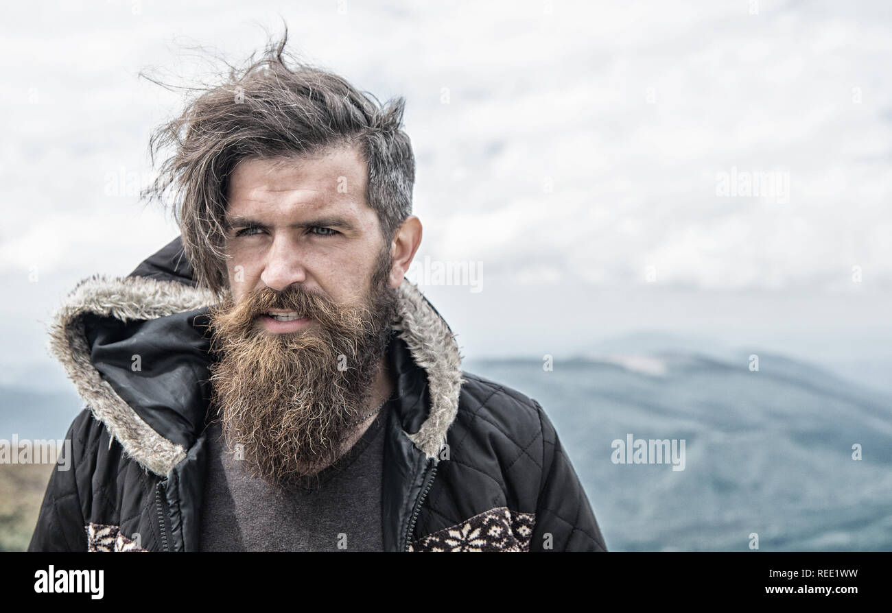 brutal bearded macho man. Handsome man hipster or guy with beard and ...