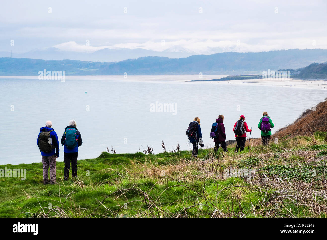 People hikers hiking on island of Anglesey Coastal Path with a view ...