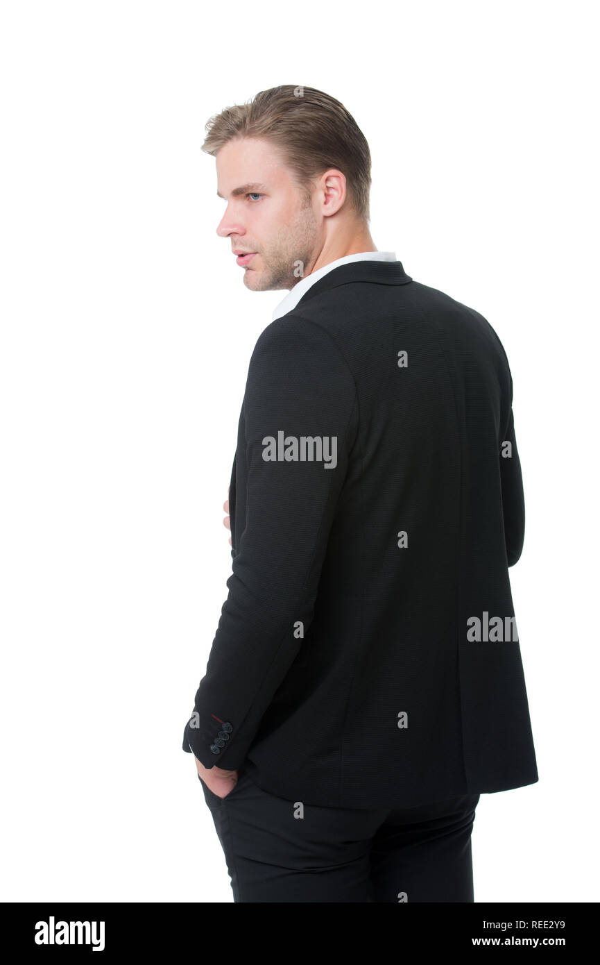 His style classic. Man well groomed in formal outfit rear view isolated ...