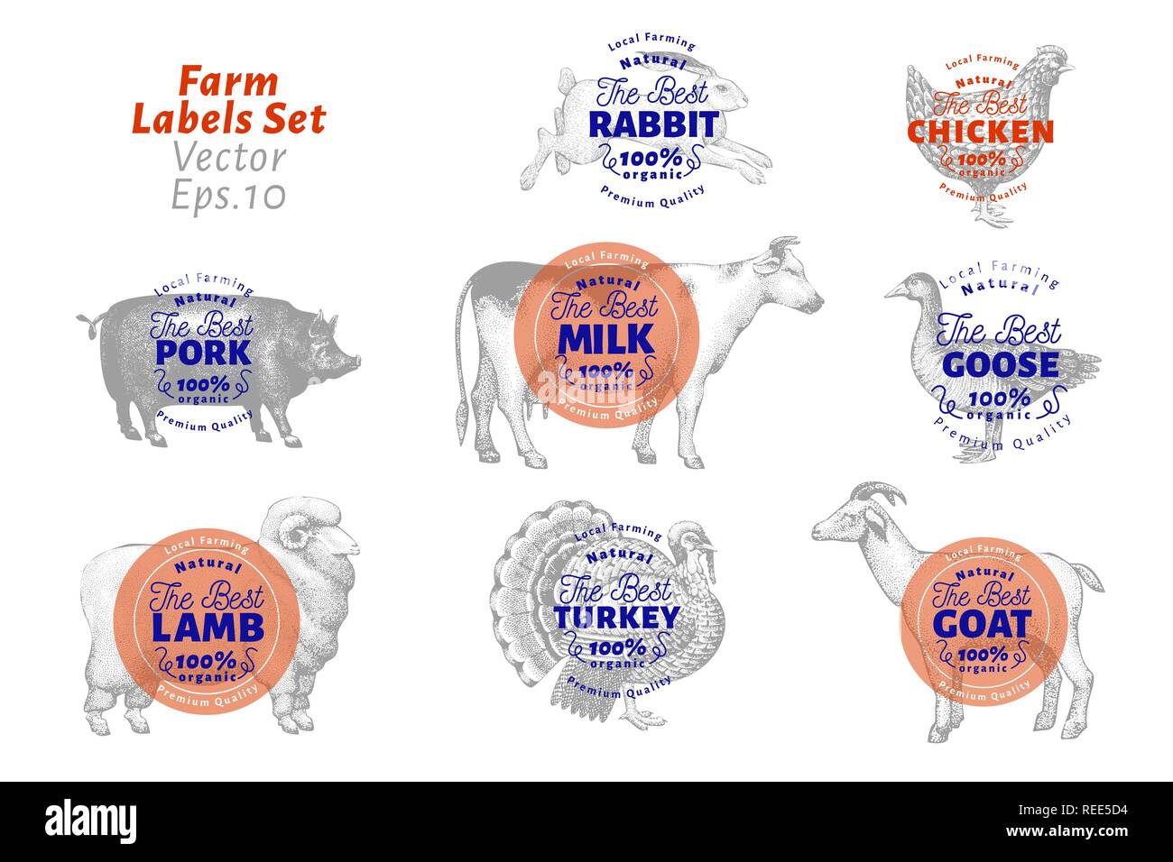 Labels with farm animals. Hand drawn animals set templates. Vector ...