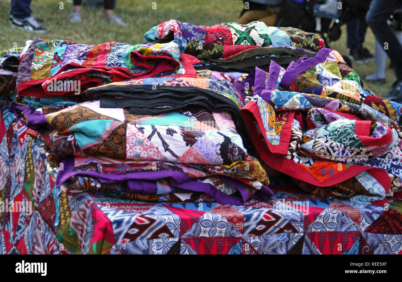 colorful african textiles and patterns, blankets on an open-air-market ...