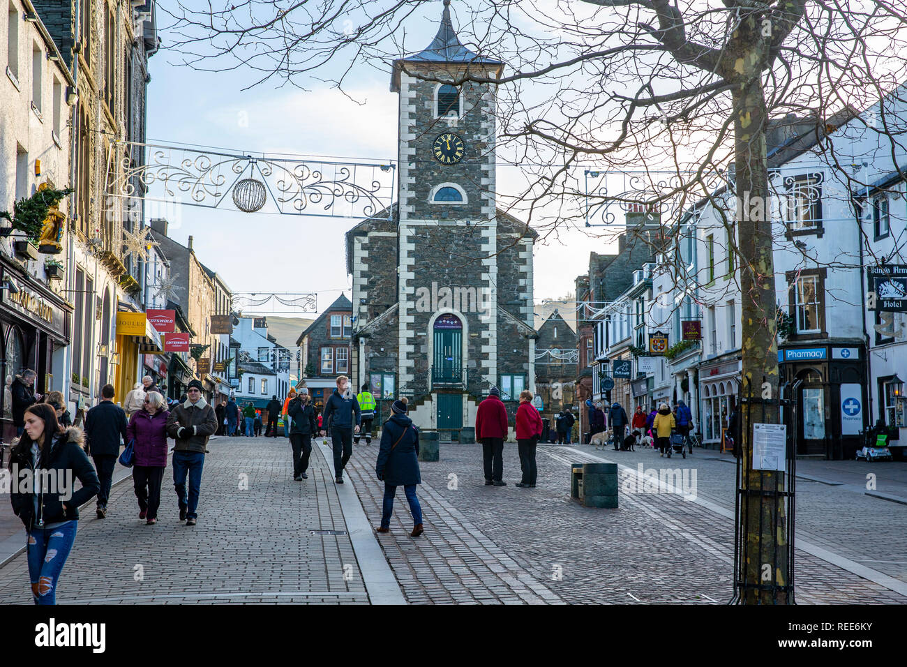 Keswick, a market town in the Lake District with the moot hall and ...