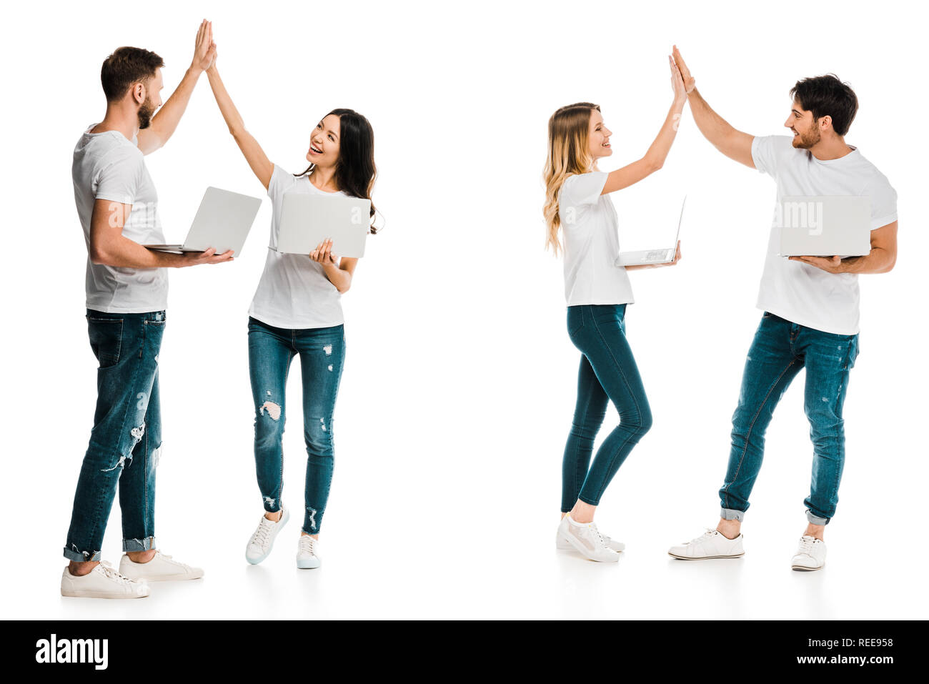 happy young couples holding laptops and giving high five isolated on ...