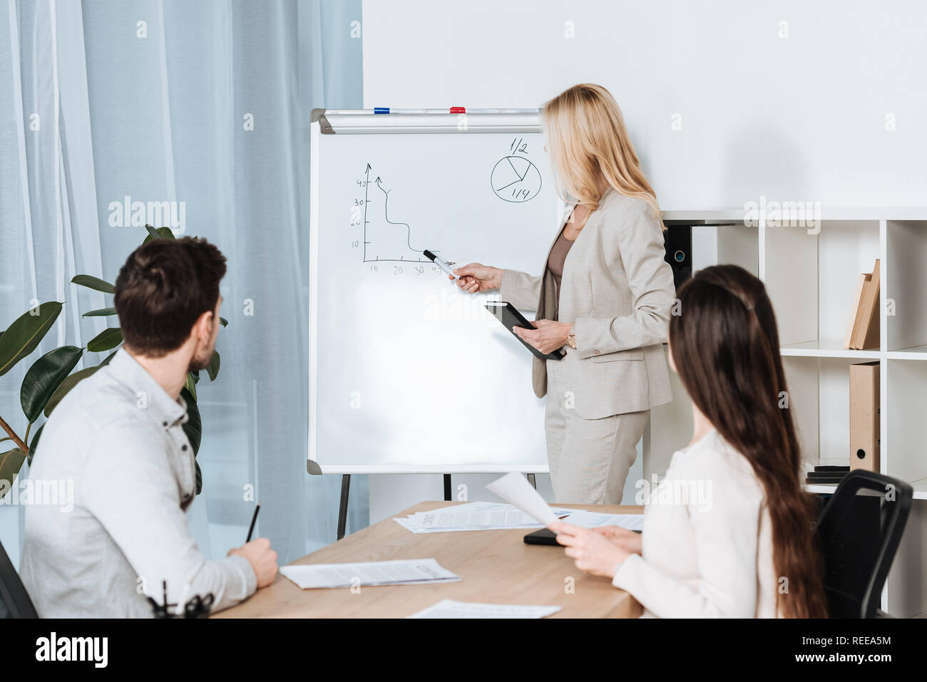 business mentor pointing at whiteboard with charts while young ...
