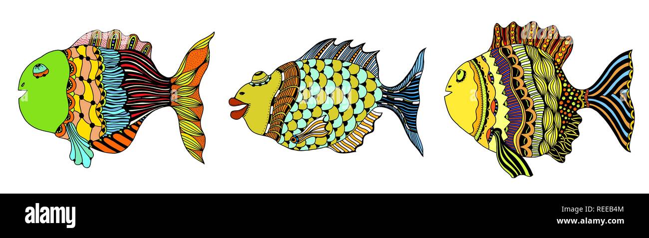 Set of Stylized Hand Drawn Fish. Vector illustration image Stock Vector ...