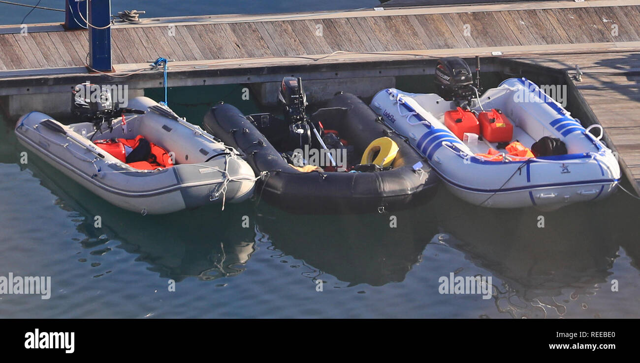 A view of three Rigid-hulled inflatable boats (RHIB) in Dover Marina ...