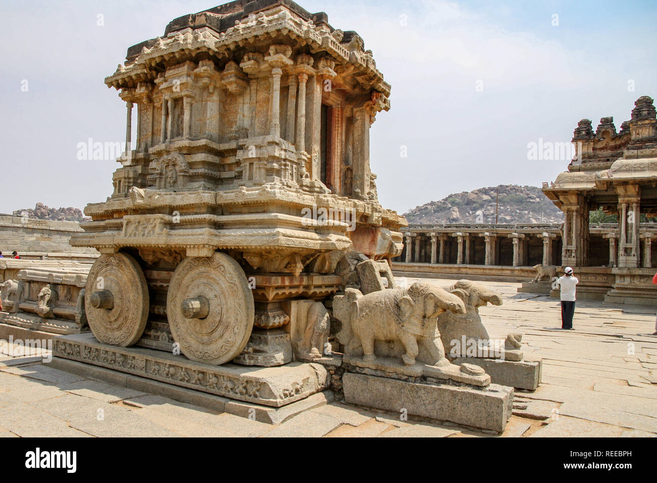 Stone chariot being pulled by the elephant pair at the Vitthala temple ...