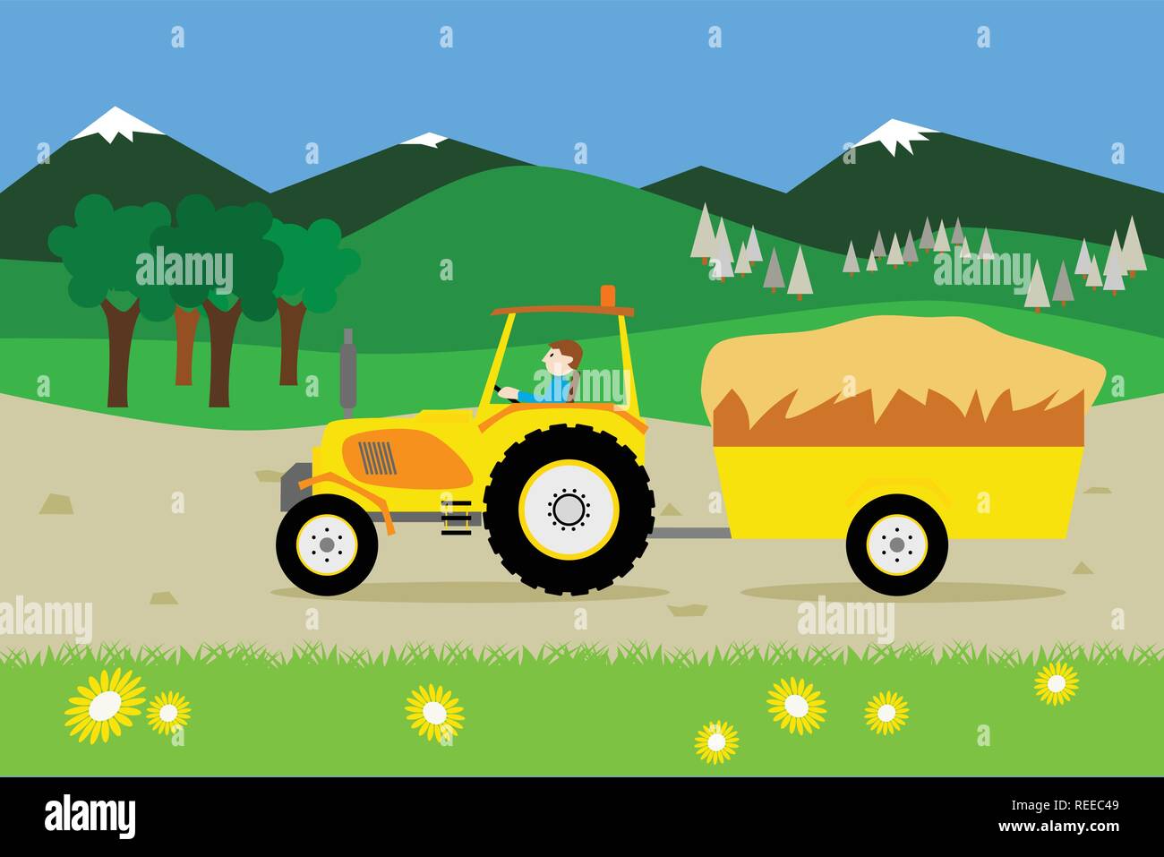 a yellow tractor with a hay trailer Stock Vector Image & Art - Alamy