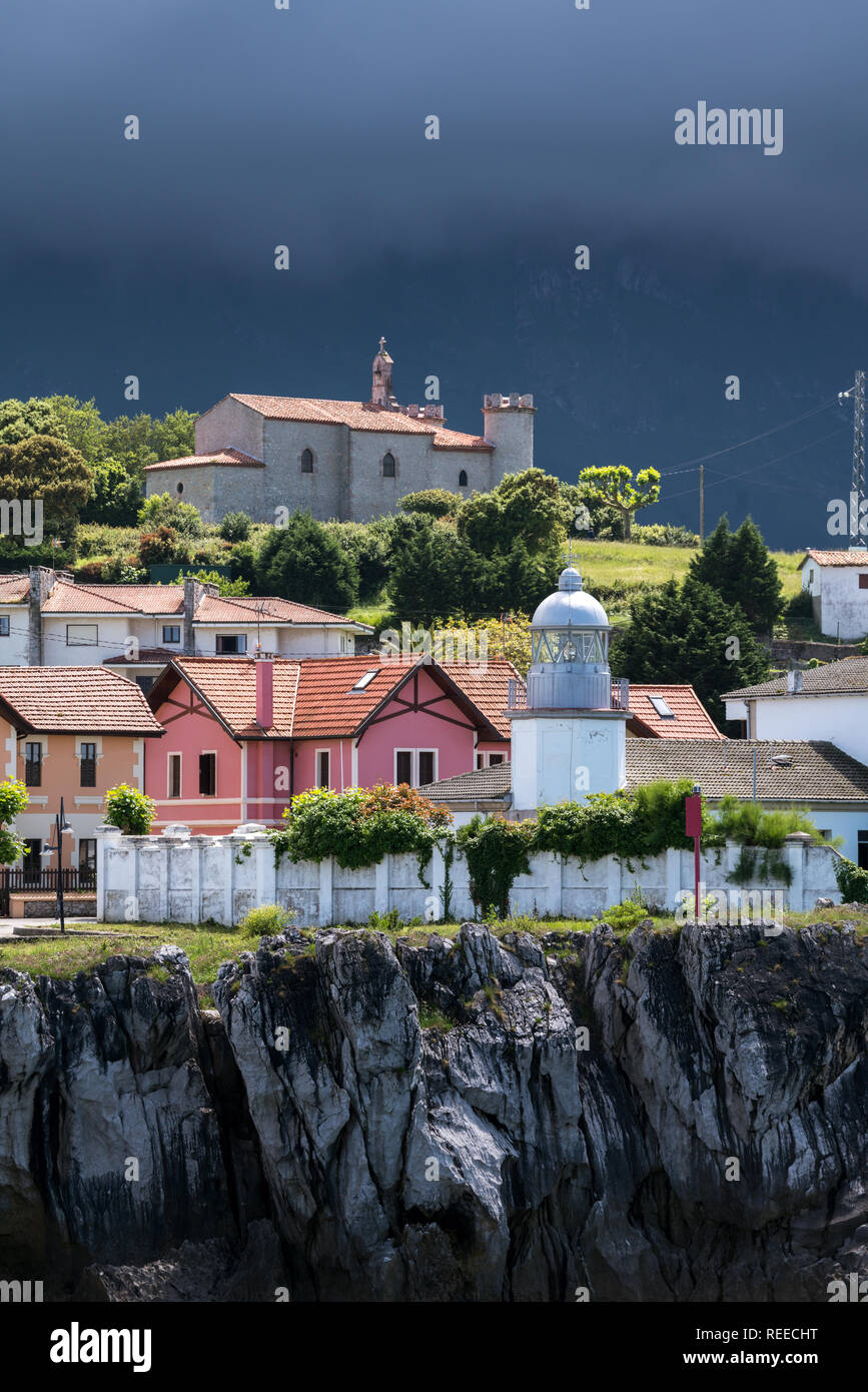 View of Llanes (Asturias, Spain) with lighthouse and Ermita Virgen de ...