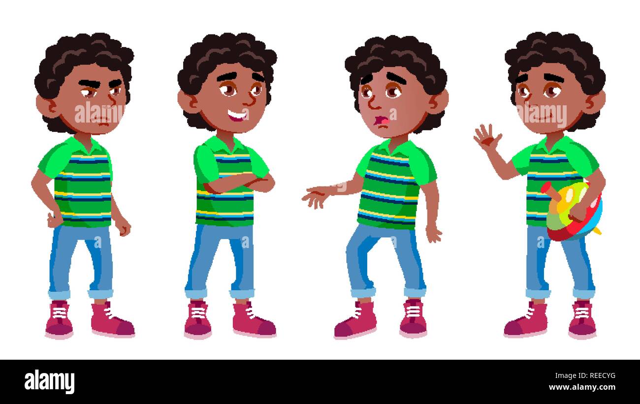 Black, Afro American Boy Kindergarten Kid Poses Set Vector. Preschool ...