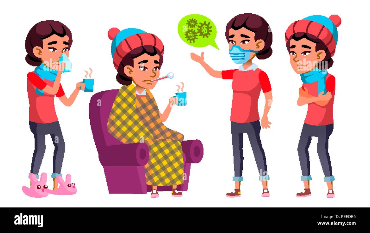 Asian Girl Set Vector. High School Child. Sick, Cough. Runy Nose ...