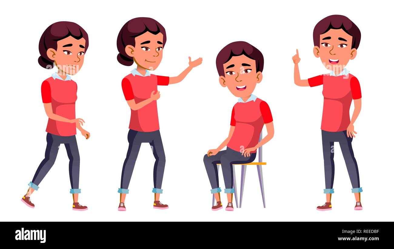 Asian Girl Poses Set Vector. High School Child. For Web, Brochure ...