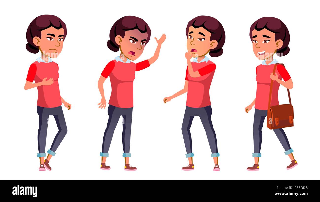 Asian Girl Poses Set Vector. High School Child. Emotions. Student. For ...