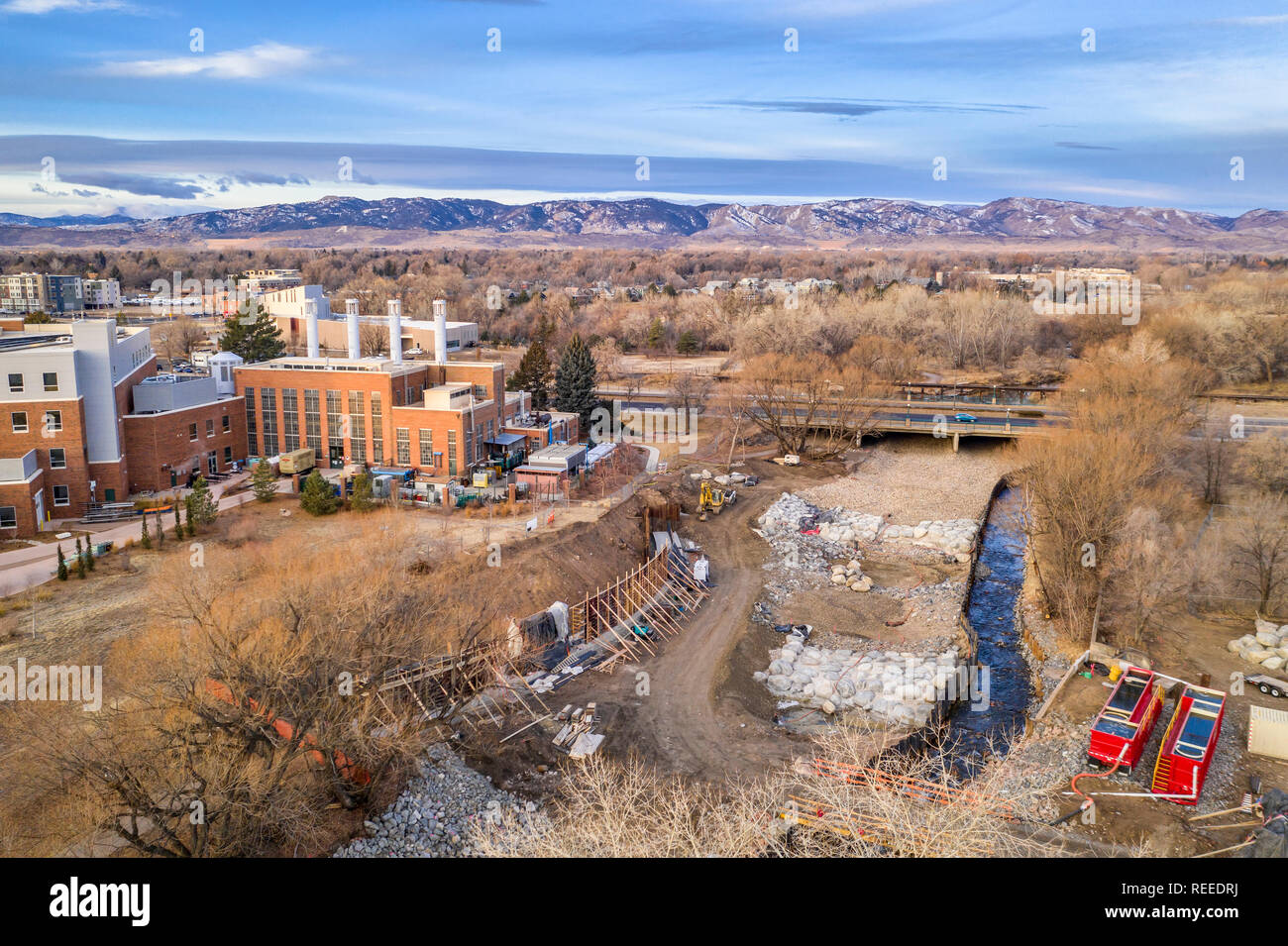 construction of whitewater park on the Poudre River in downtown of Fort ...