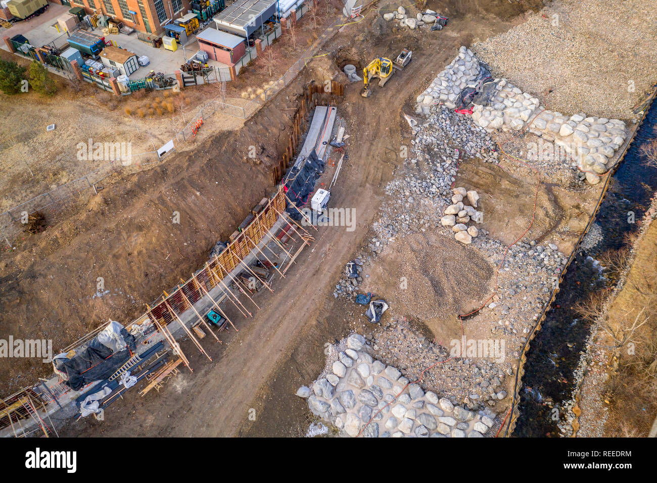 construction of whitewater park on the Poudre River in downtown of Fort ...