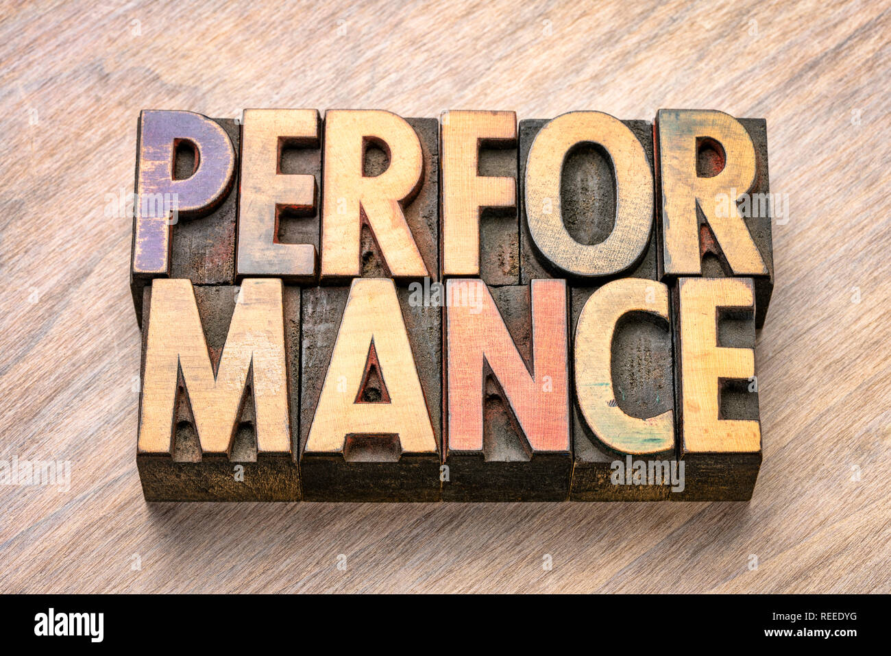 performance word abstract in vintage letterpress wood type printing ...