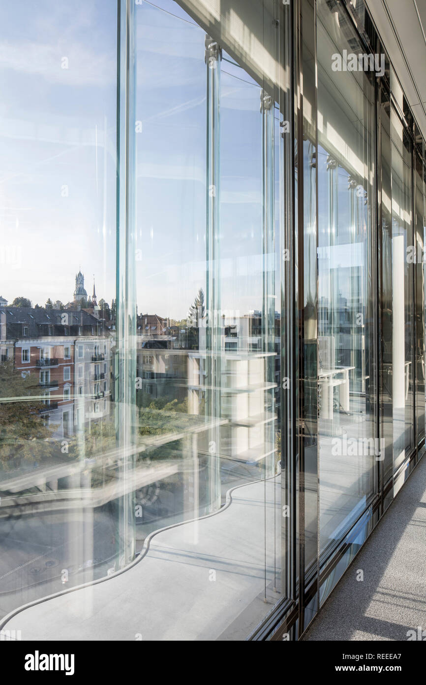 Window wall with view to city. Swiss Re Office headquarters, Zurich ...