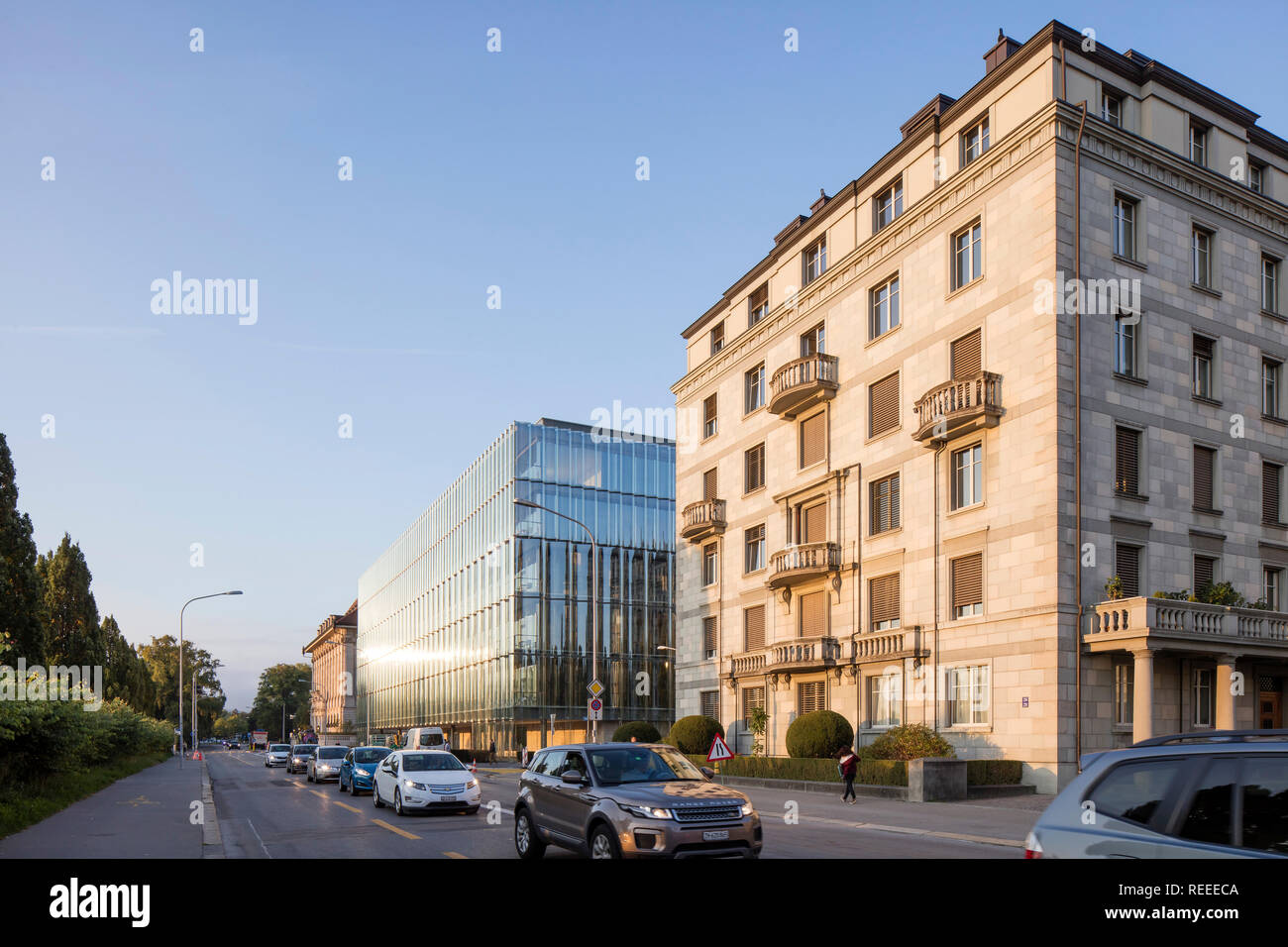Street elevation with Swiss Re HQ. Swiss Re Office headquarters, Zurich ...