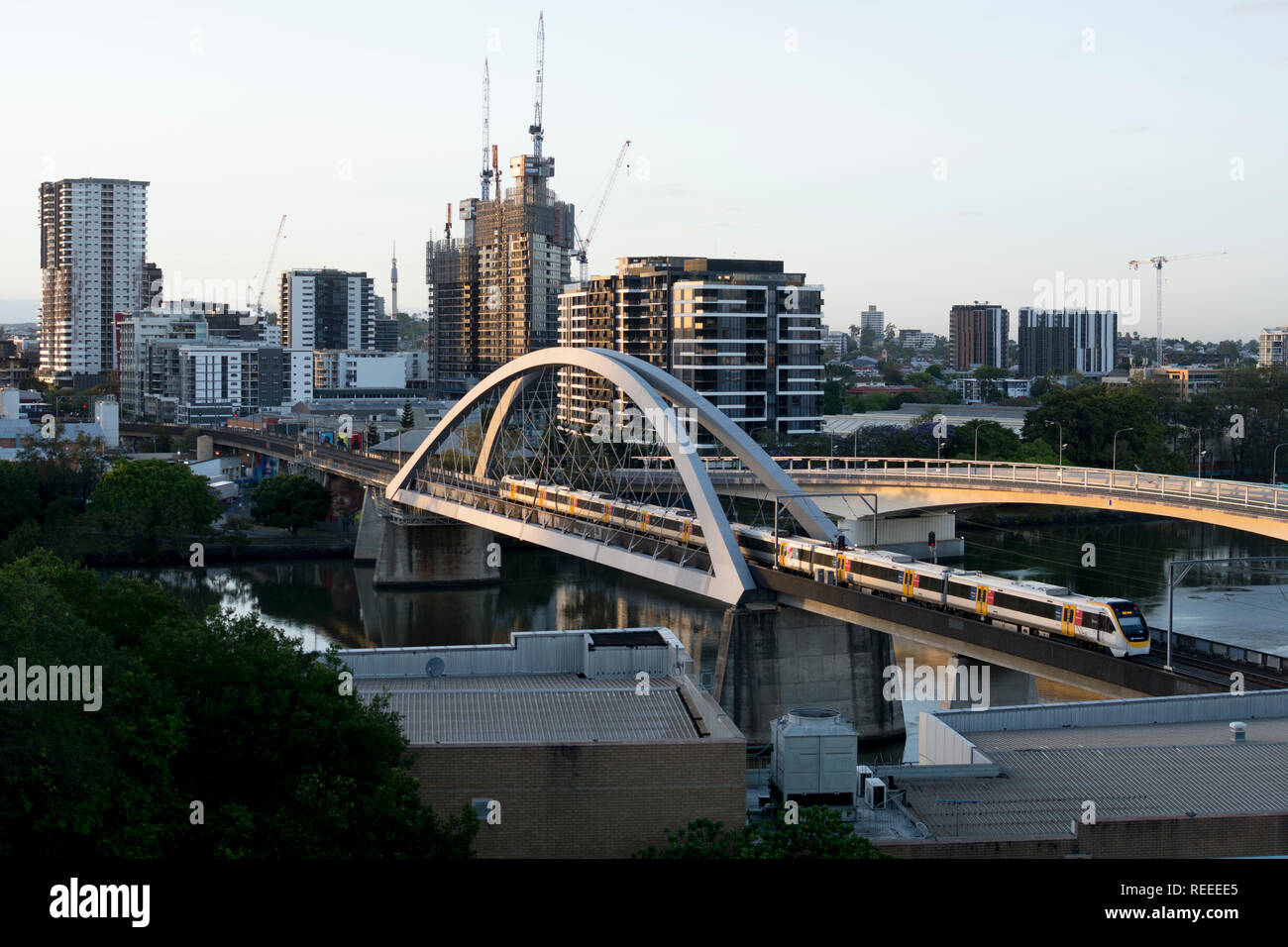 Queeensland Rail electric train crossing Merivale Bridge, Brisbane ...