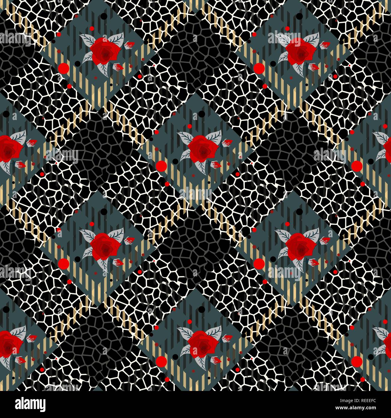 Tartan plaid with flowers and leopard skin pattern. Exotic animal and ...