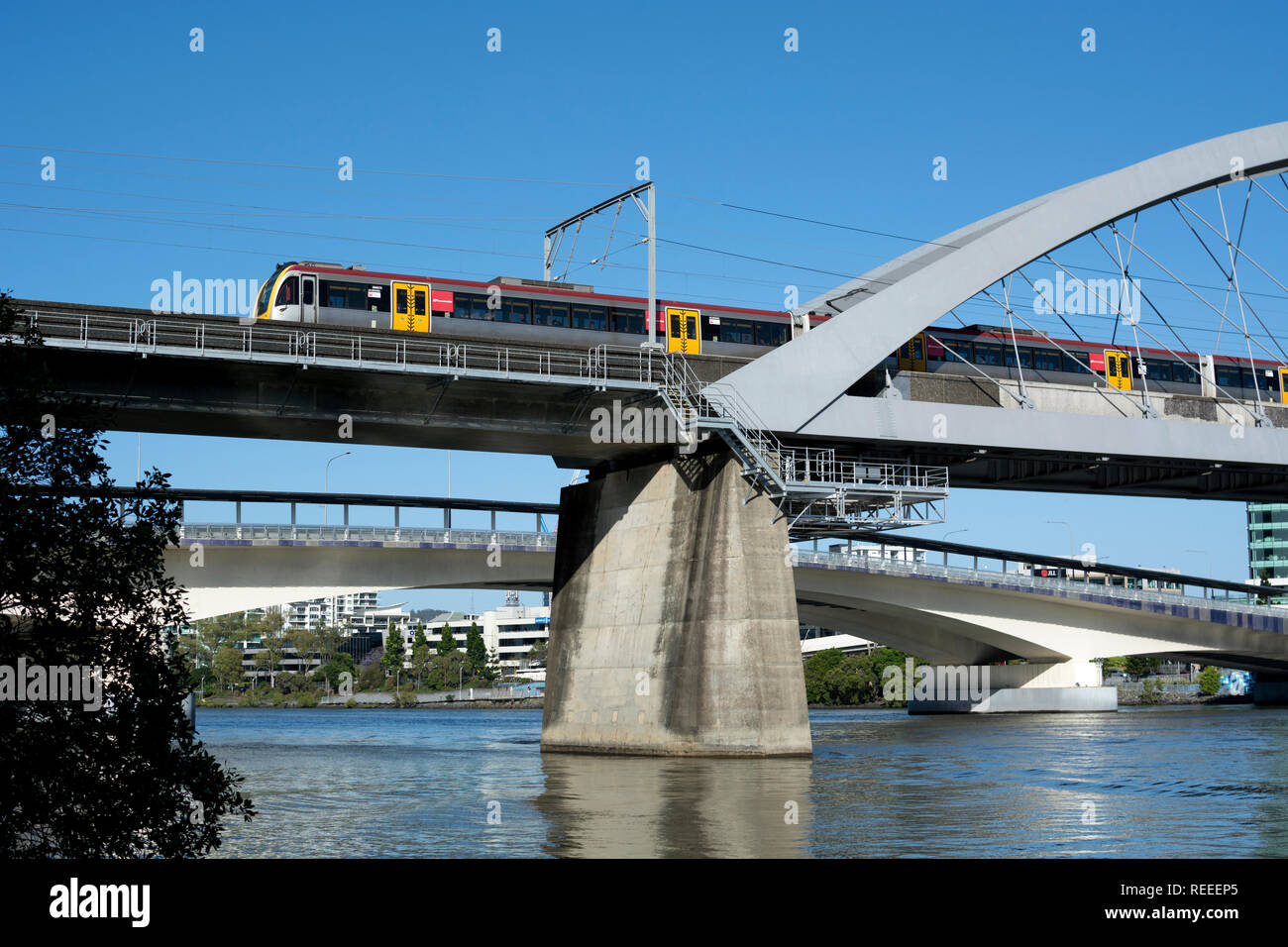 Queeensland Rail electric train crossing Merivale Bridge, Brisbane ...