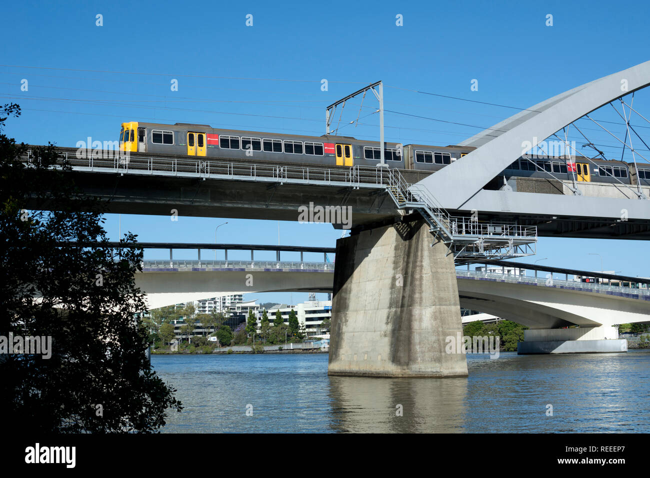 Queeensland Rail electric train crossing Merivale Bridge, Brisbane ...
