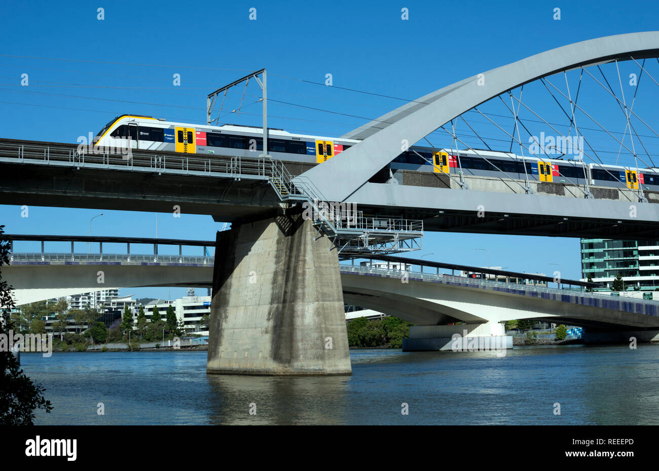 Queeensland Rail electric train crossing Merivale Bridge, Brisbane ...